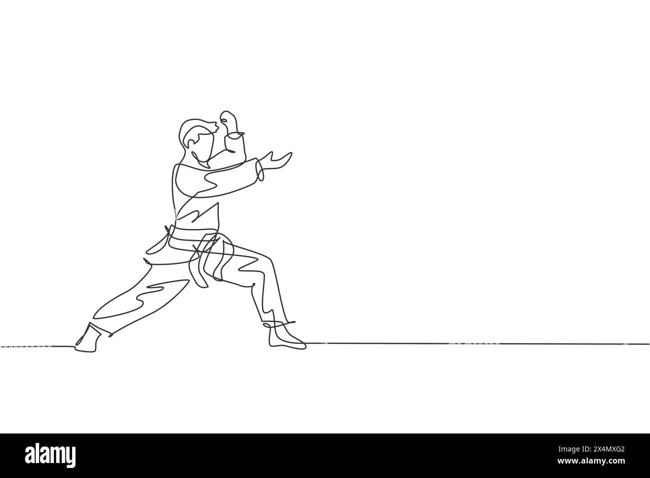 One continuous line drawing of young talented karateka man train pose ...
