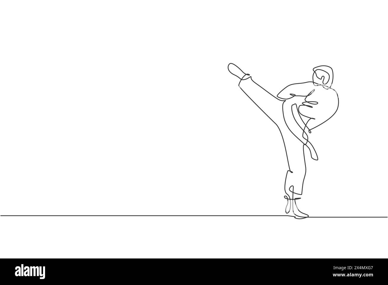 Single continuous line drawing of young confident karateka man in ...