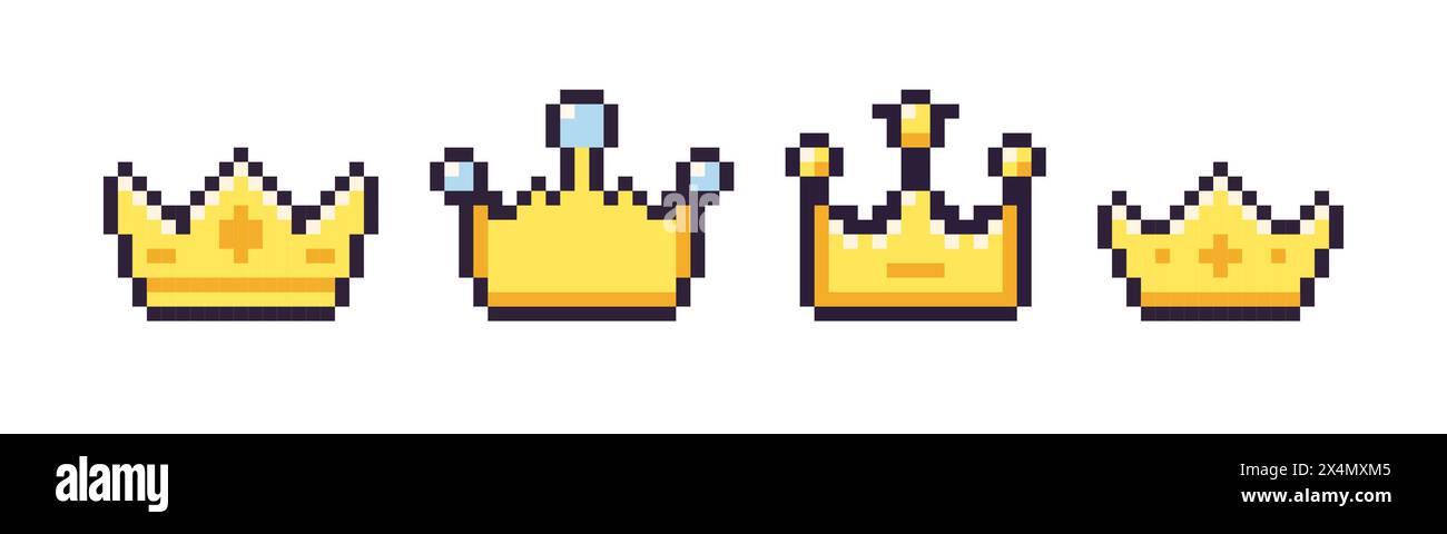 Pixel art 8 bit crown isolated vector set. Cartoon style illustration ...