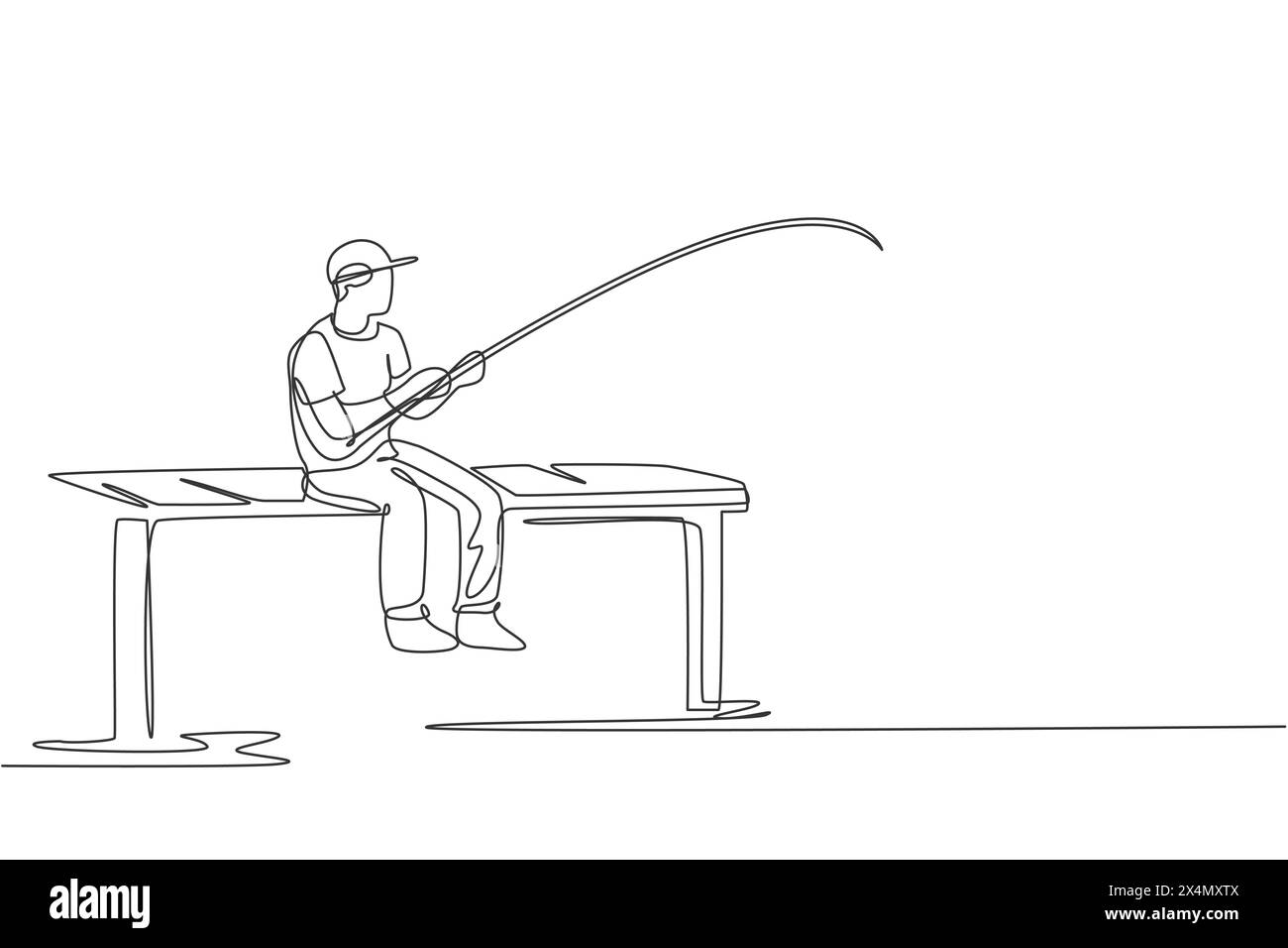Single continuous line drawing of young happy fisher man fishing big ...