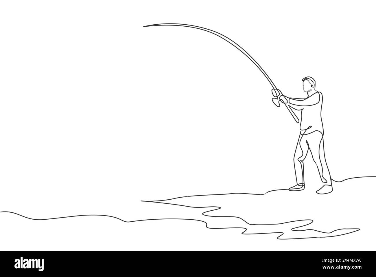 One continuous line drawing of young happy fisherman standing and ...