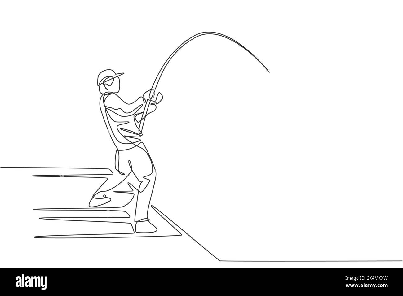 Single continuous line drawing of young happy fisher man fly fishing ...