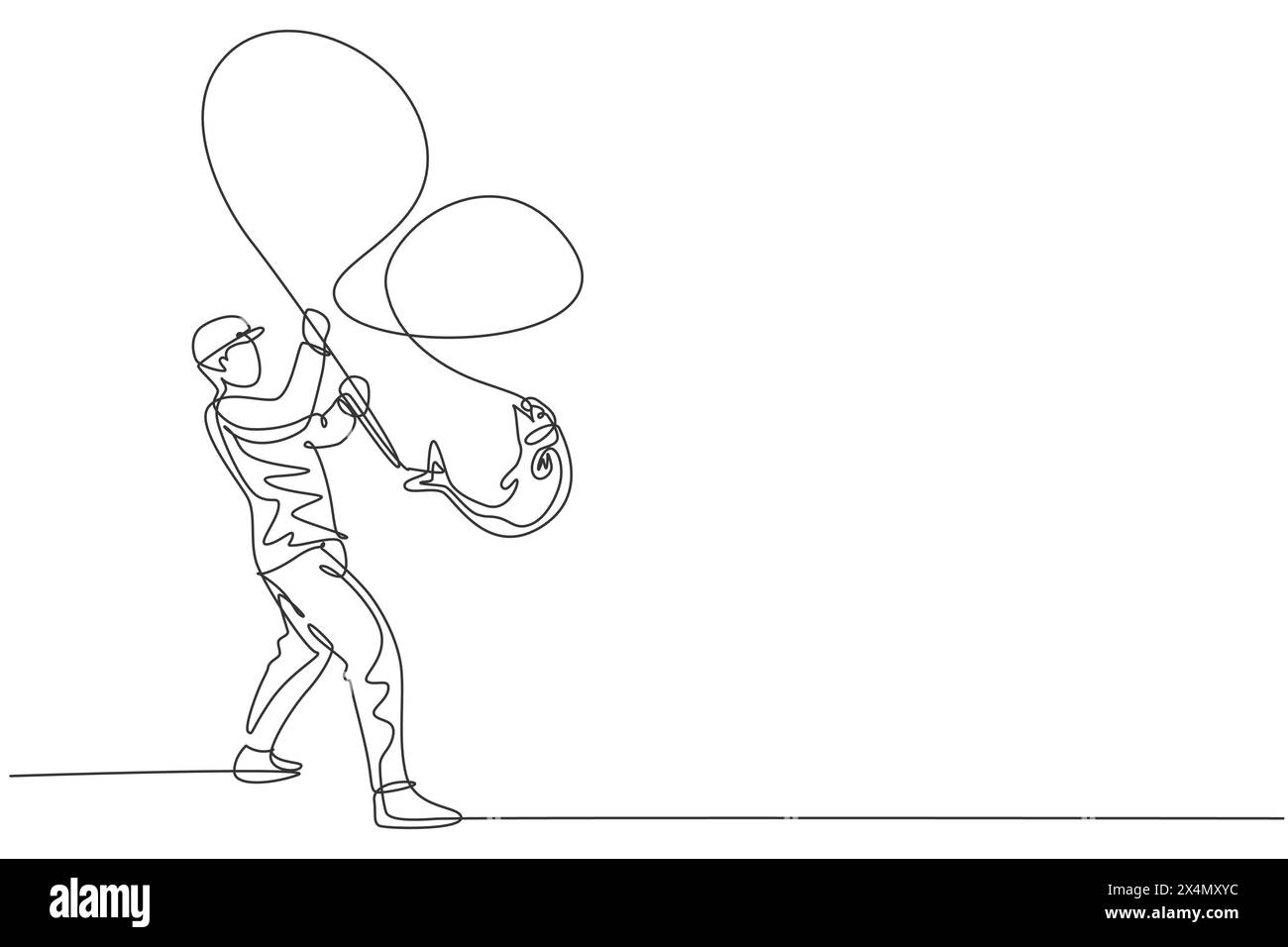 Single continuous line drawing young happy fisher man fly fishing ...