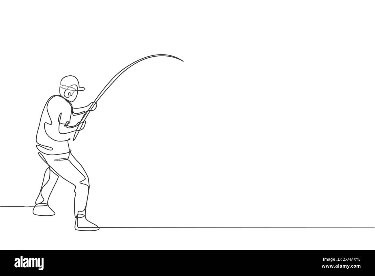 One continuous line drawing of young happy fisherman standing and ...