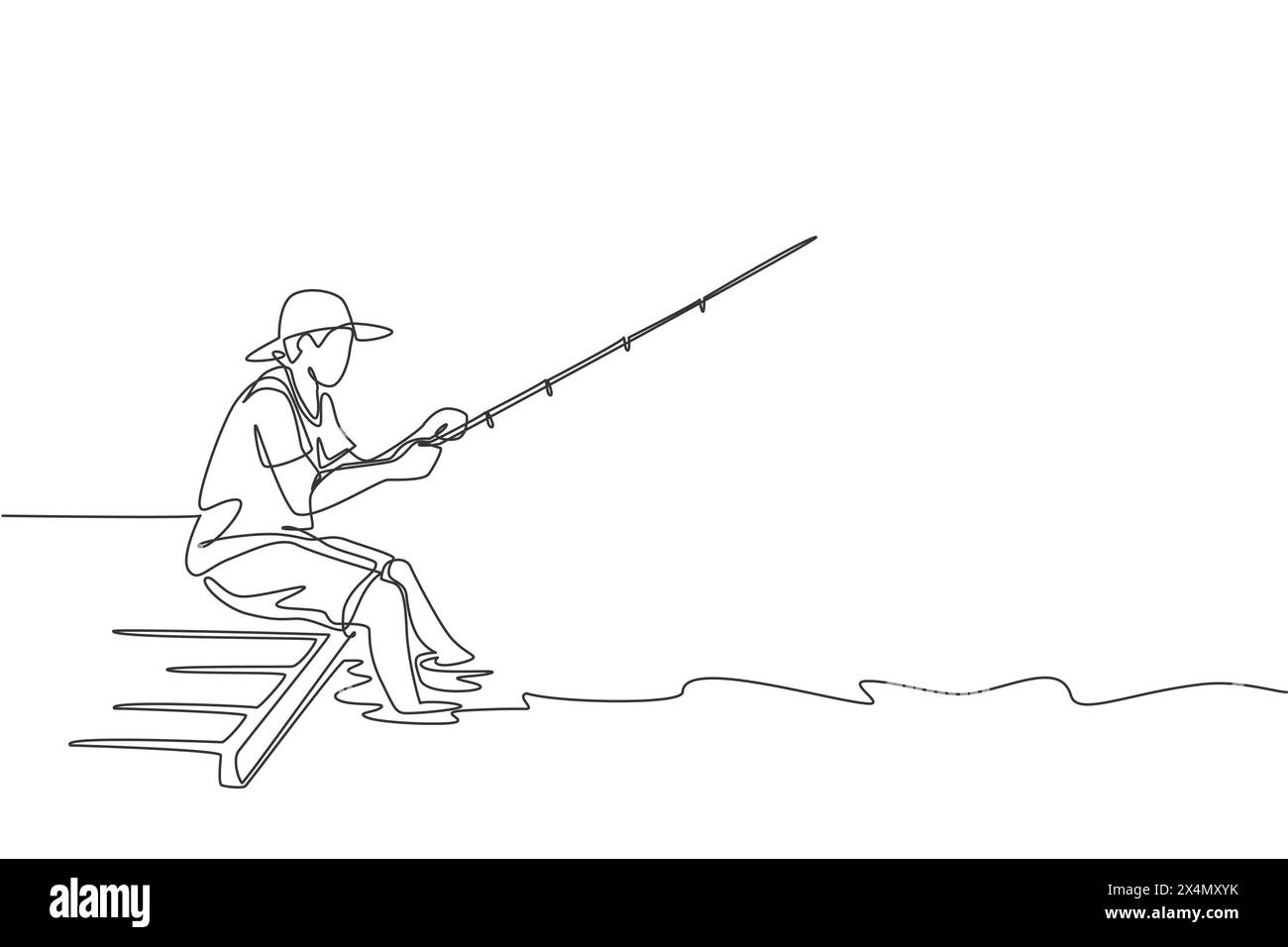 One single line drawing young happy fisher man siting on wooden pier ...