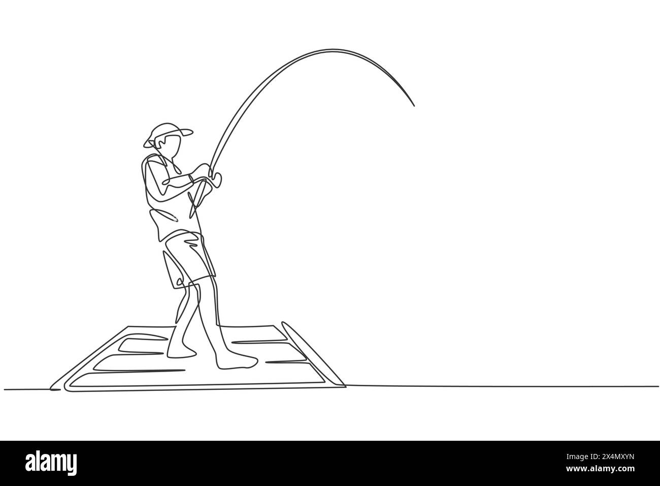 One single line drawing of young happy fisher man standing and ...