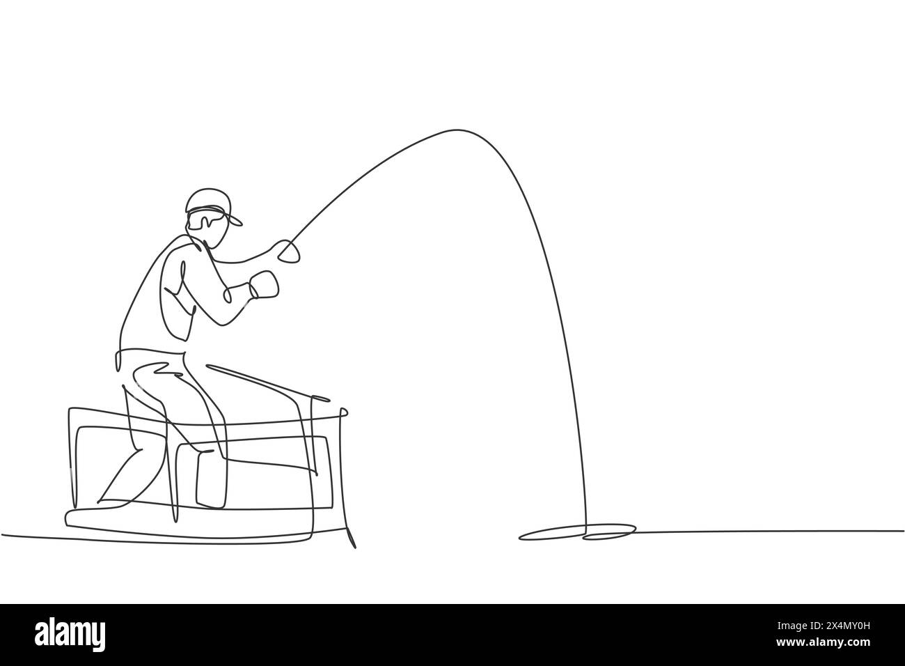 One continuous line drawing of young happy fisherman standing and ...
