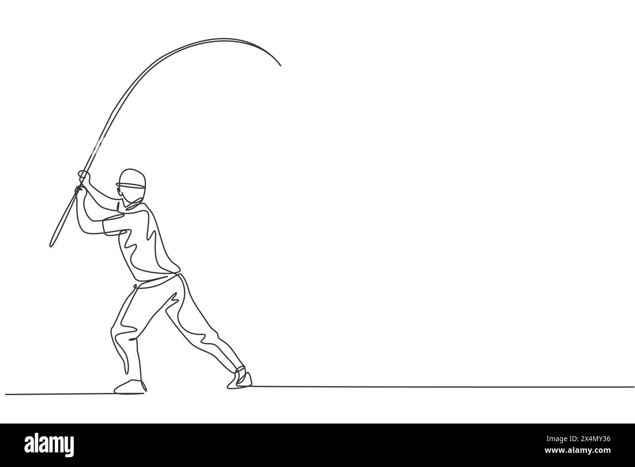 One continuous line drawing of young happy fisherman standing and pull ...