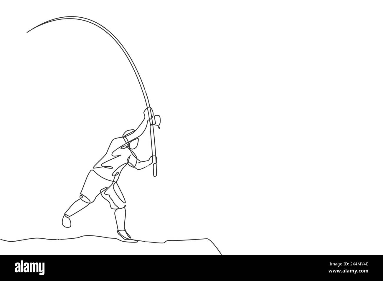 One single line drawing young happy fisher man standing and throw ...