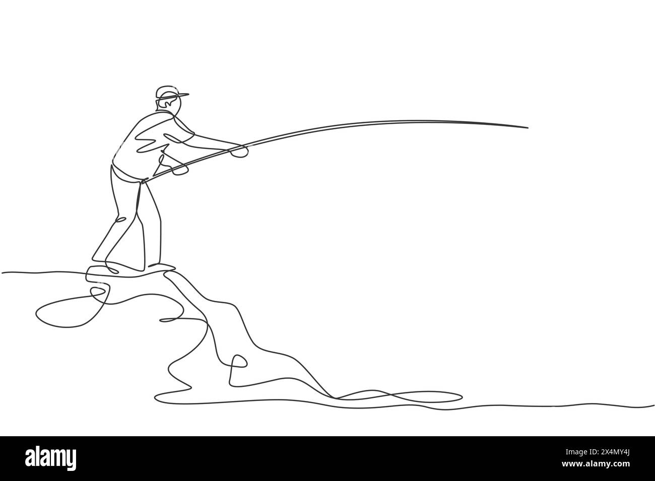 One continuous line drawing of young fisherman happy standing and ...