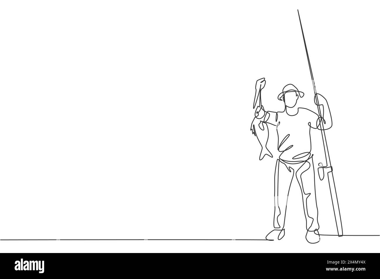 Single continuous line drawing of young happy fisher man showed his ...