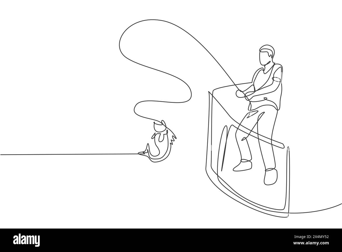 One continuous line drawing young happy fisherman standing and fishing ...