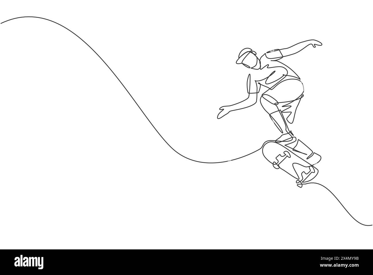 One continuous line drawing of young cool skateboarder man riding ...