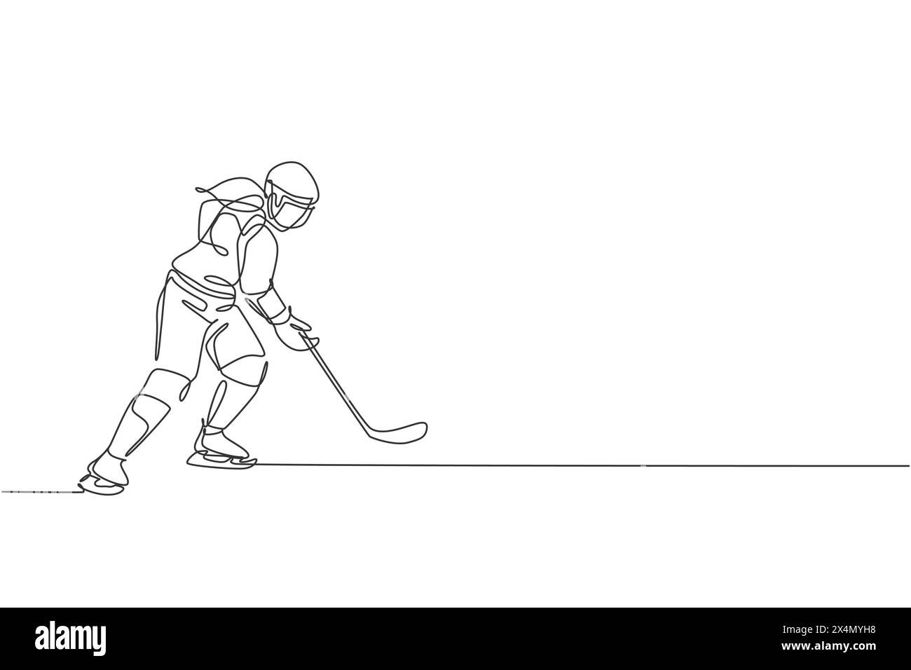 One continuous line drawing of young professional ice hockey player ...
