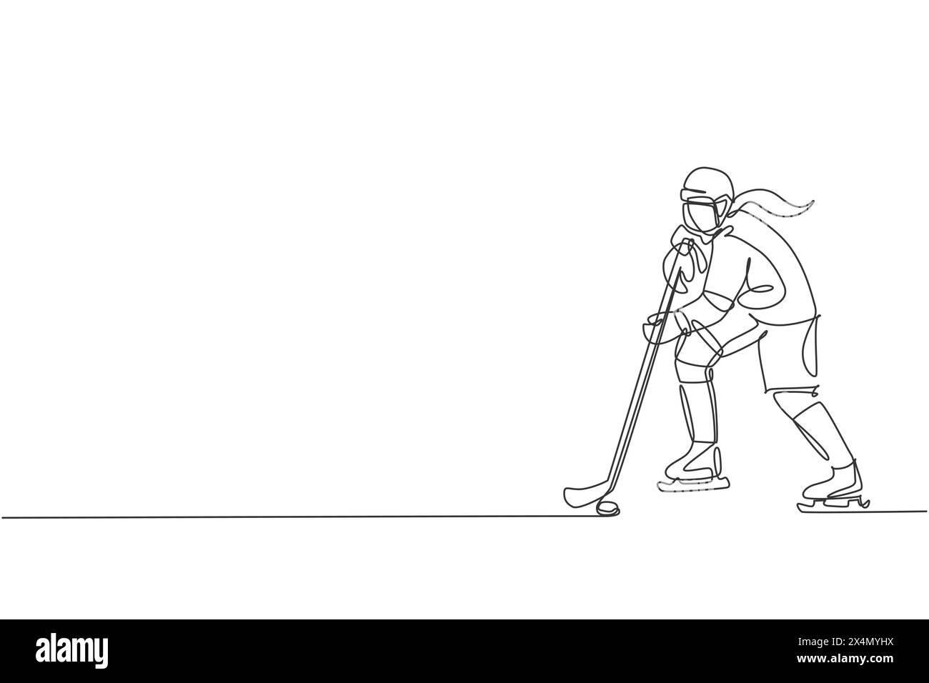 One single line drawing of young ice hockey player in action to play a ...