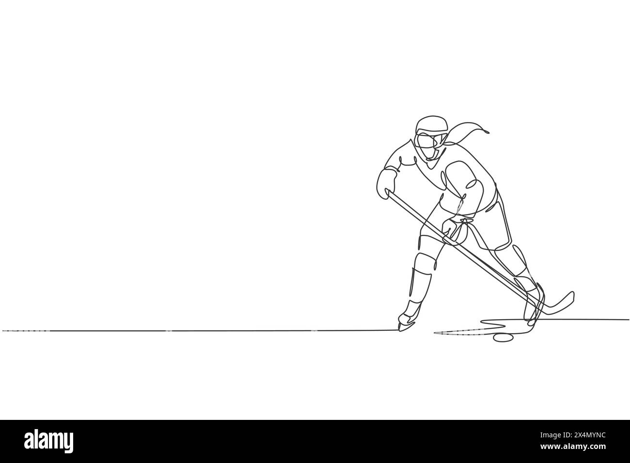 One single line drawing of young ice hockey player in action to play a ...