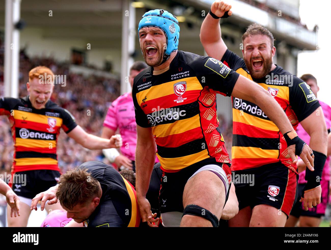 Gloucester Rugby's Zach Mercer celebrates after team-mate Sebastian ...