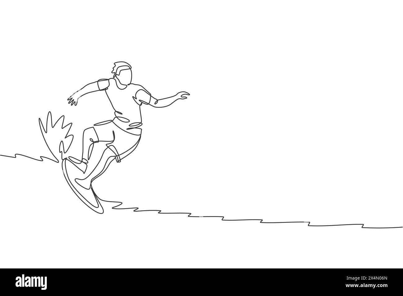 One single line drawing of young sporty surfer man riding on big waves ...