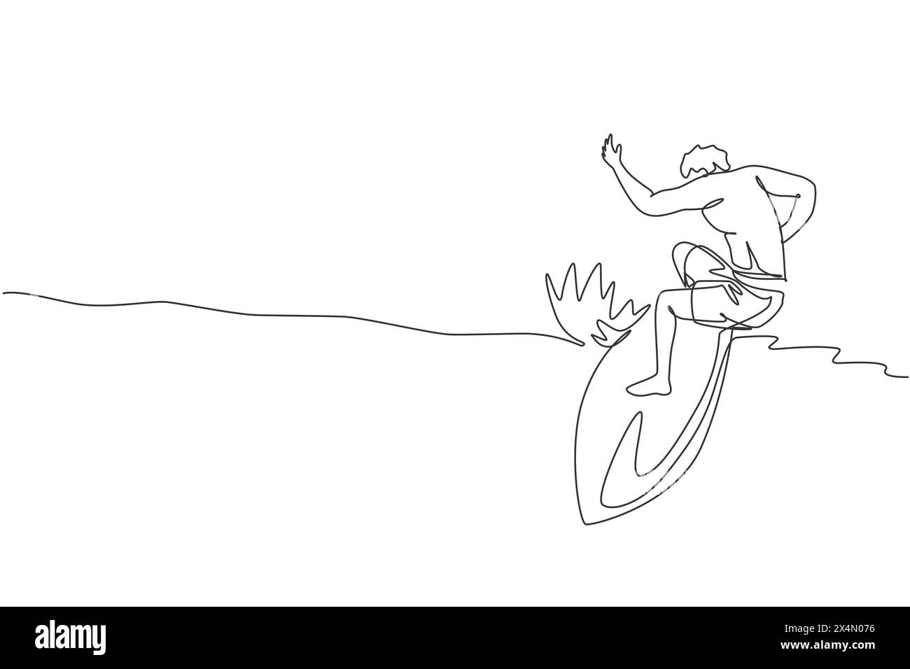 One single line drawing of young sporty surfer man riding on big waves ...