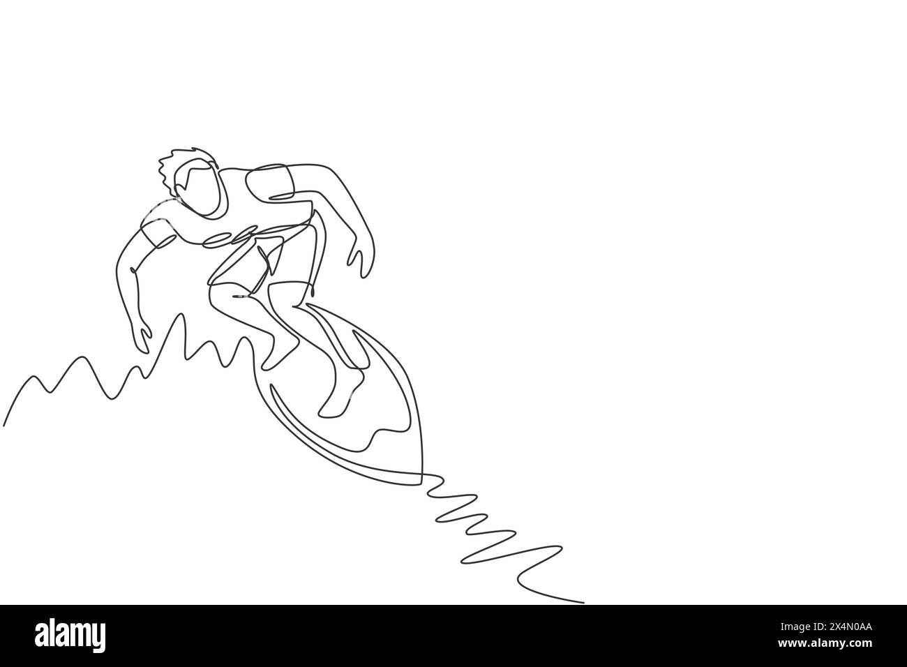 One single line drawing of young sporty surfer man riding on big waves ...