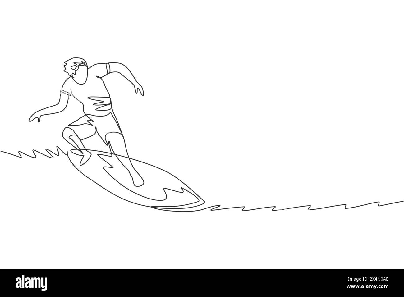 One continuous line drawing young happy tourist surfer exercising ...