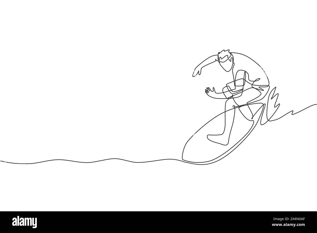 Single continuous line drawing young professional surfer in action ...