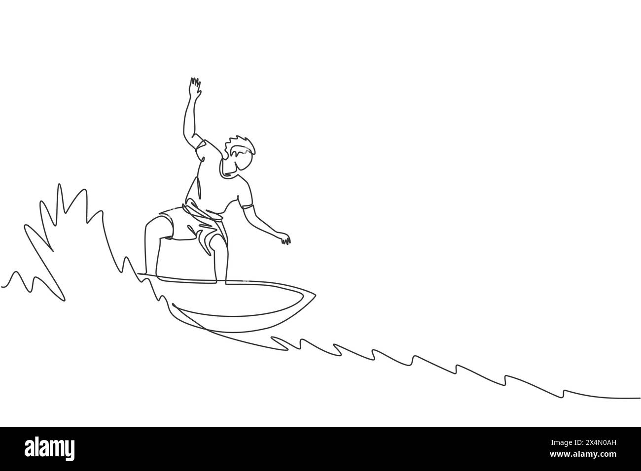 One single line drawing of young sporty surfer man riding on big waves ...