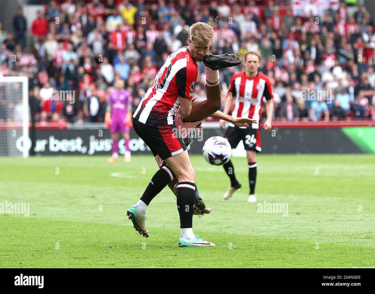 London, UK. 4th May, 2024. Kristoffer Ajer of Brentford is hit in the ...