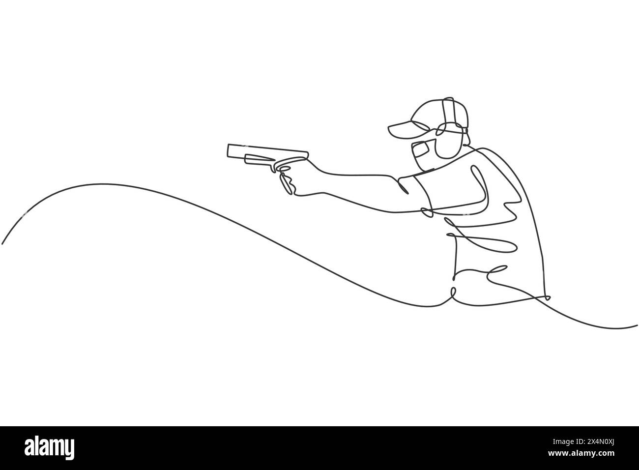 One single line drawing of young man practicing to shot target in range ...