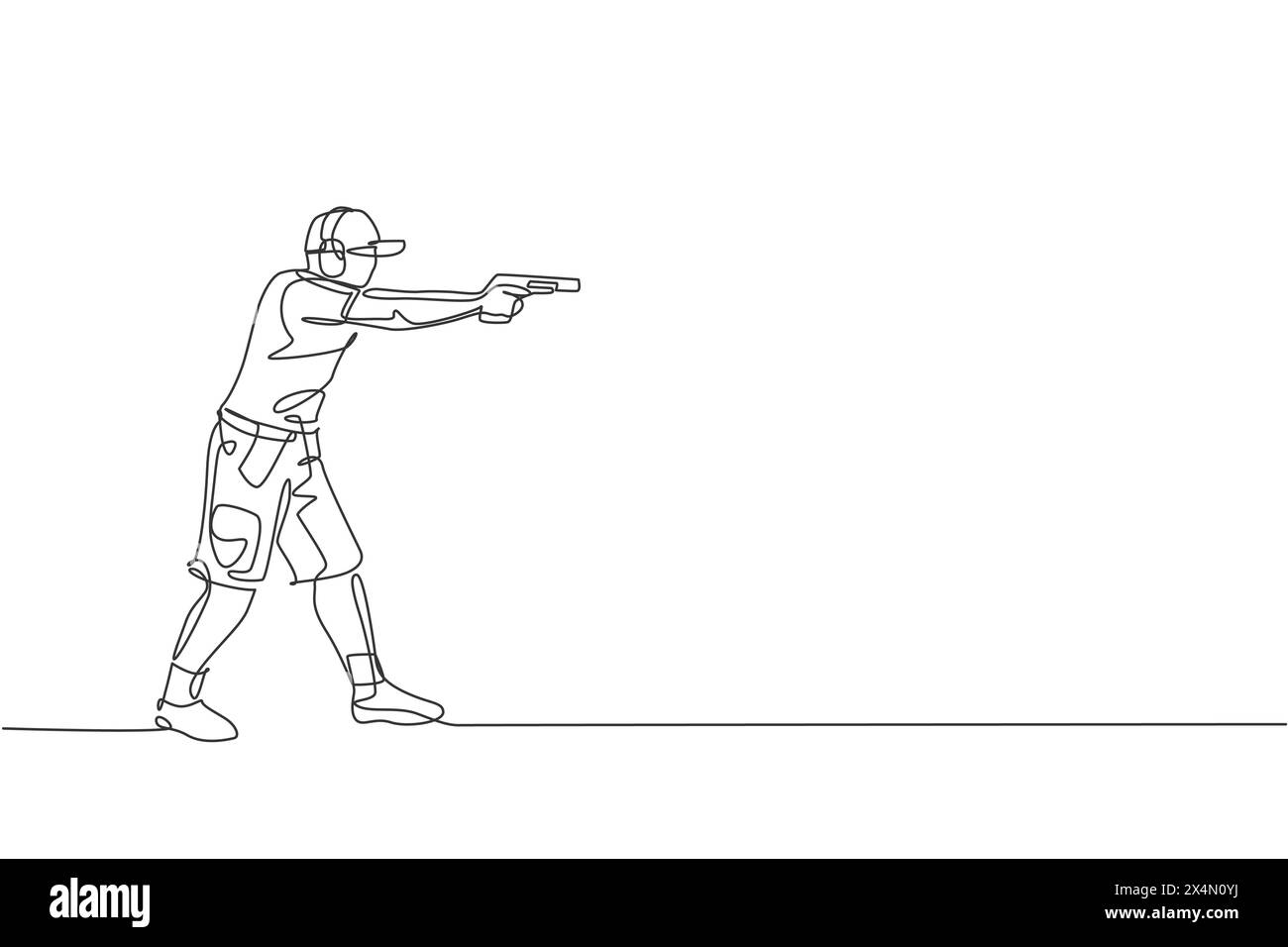 One single line drawing of young man practicing to shot target in range ...