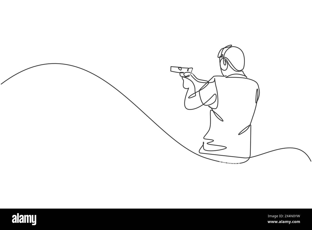 One continuous line drawing of young man on shooting training ground ...