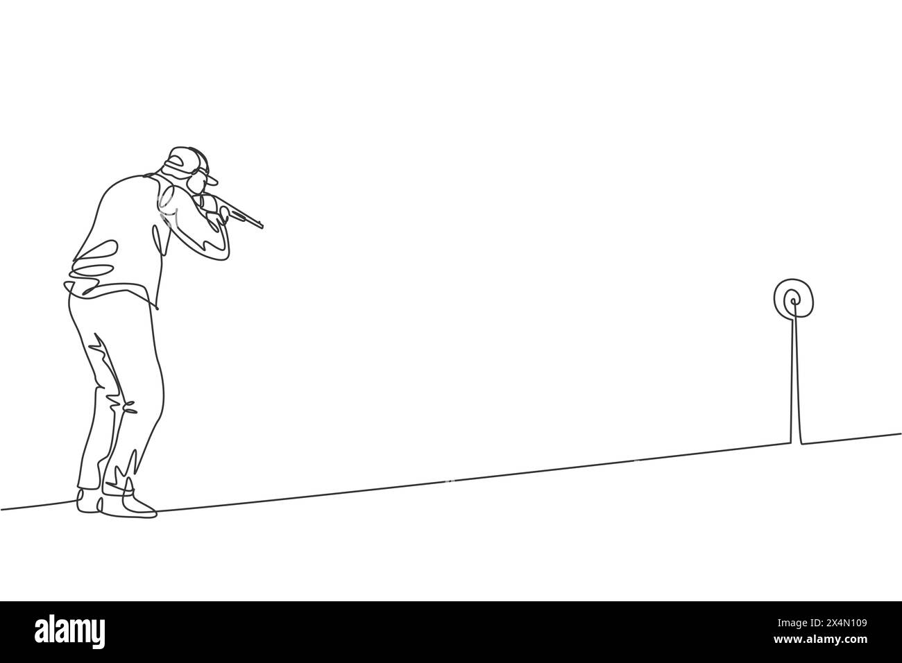 One single line drawing of young man practicing to shot target in range ...
