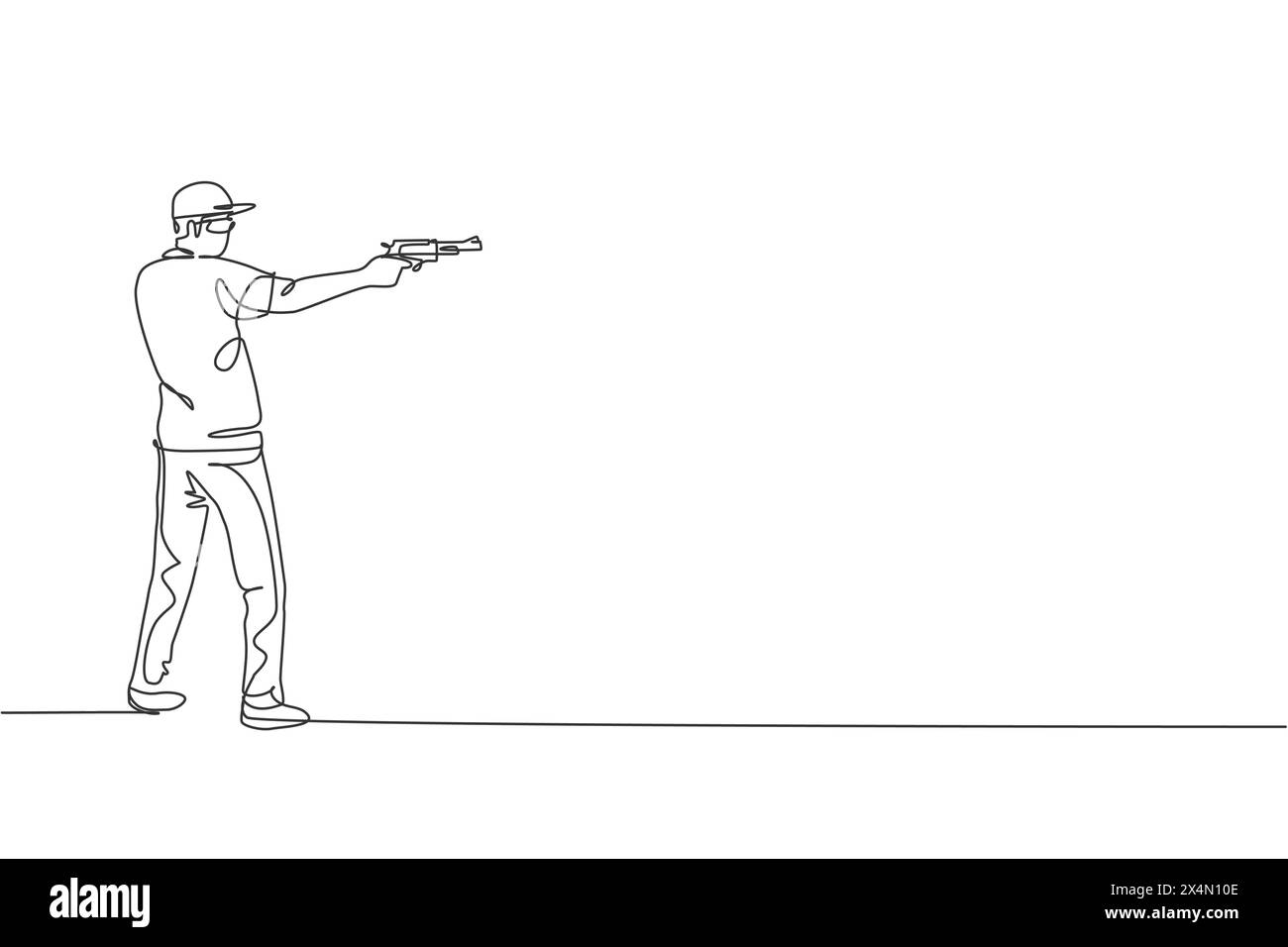 One single line drawing of young man practicing to shot target in range ...