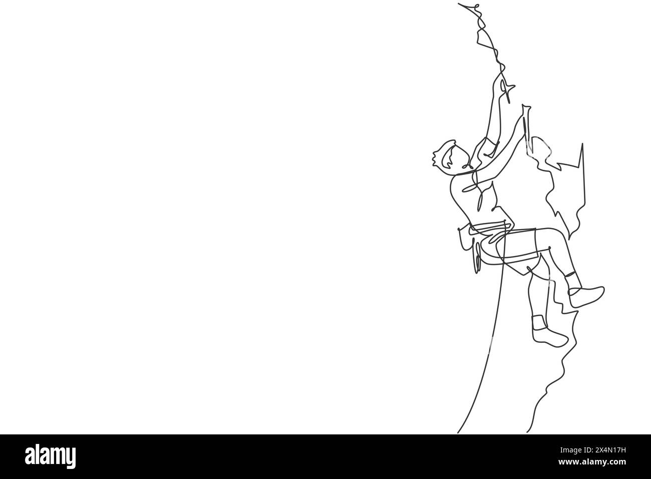 One single line drawing of young active man climbing on cliff mountain ...