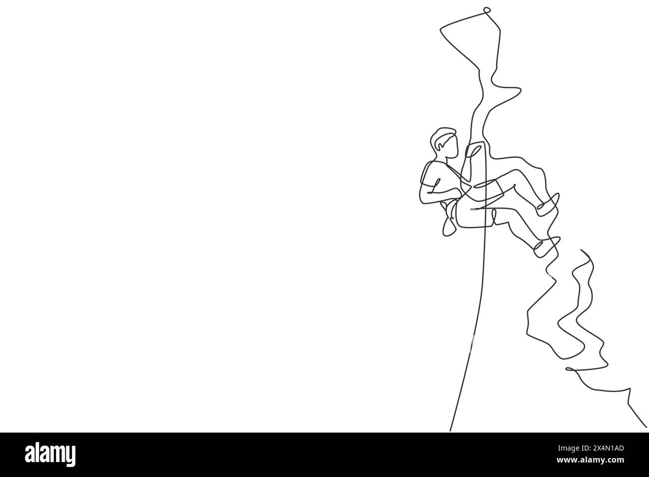 One single line drawing of young active man climbing on cliff mountain ...
