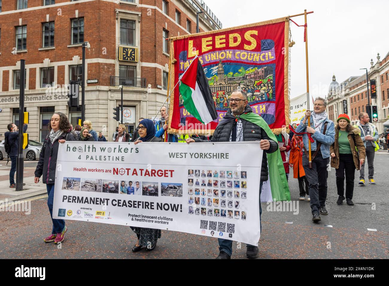 Leeds, UK. 04 MAY, 2024. Health Workers for Palestine carry their ...