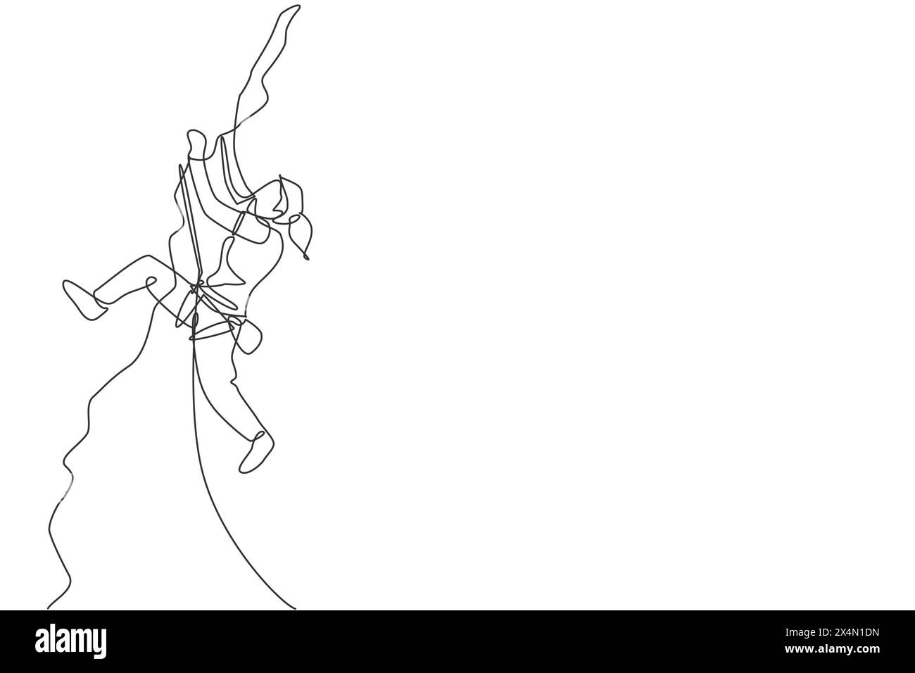 One single line drawing young active woman climbing on cliff mountain ...