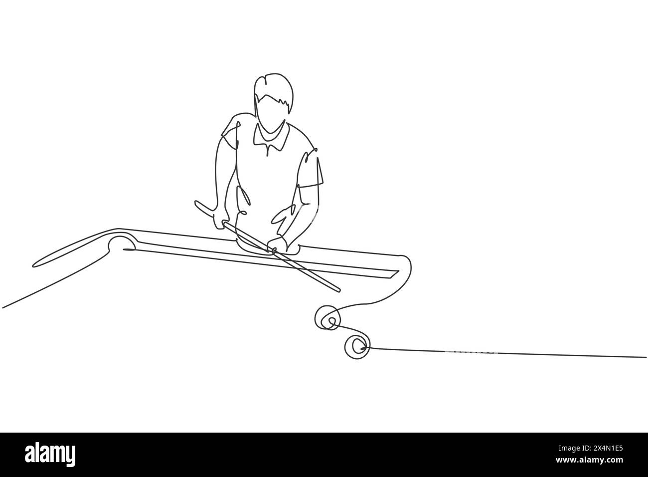 One single line drawing of young handsome man playing pool billiards at ...