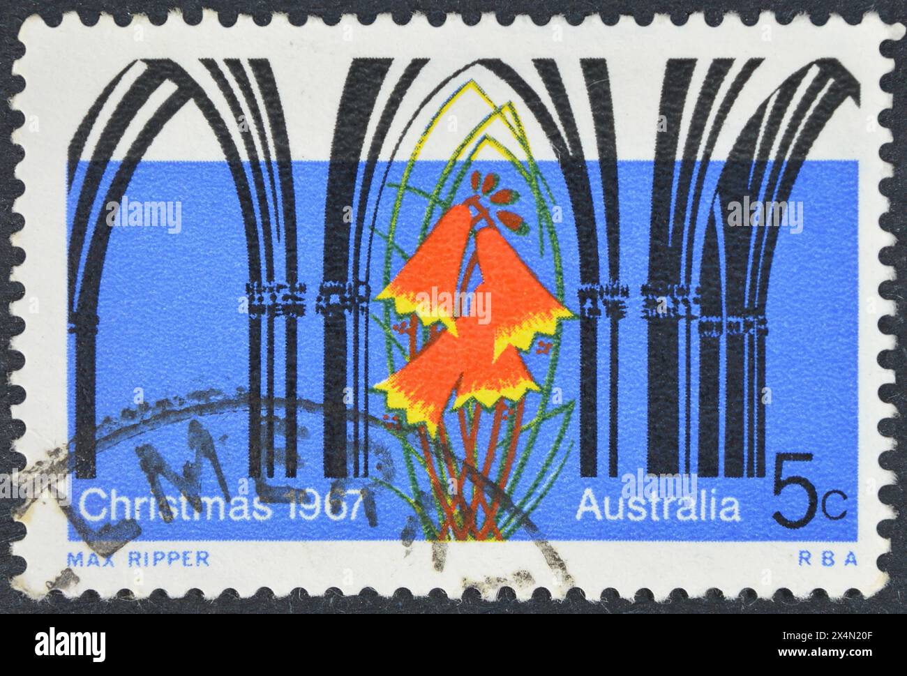 Postage stamp printed by Australia, that shows Church facade in Gothic ...