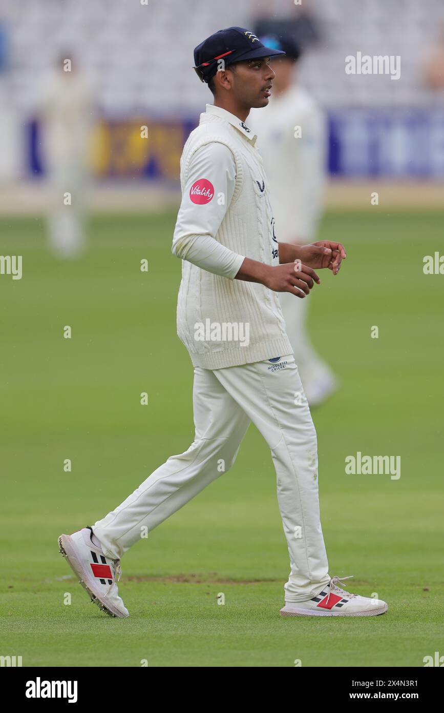 London. 4th May 2024. Nathan Fernandes (18 Middlesex) fielding during ...
