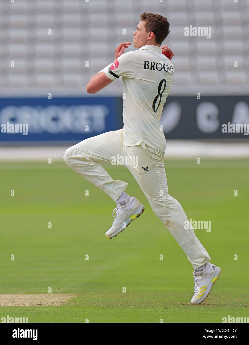 London. 4th May 2024. Henry Brookes (8 Middlesex) in action bowling ...