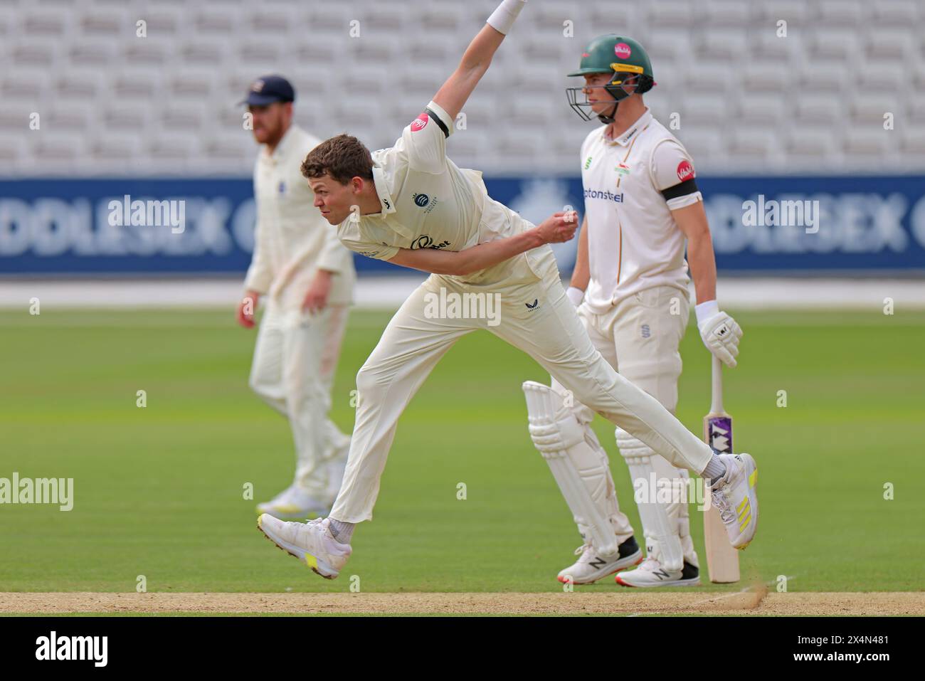 London. 4th May 2024. Henry Brookes (8 Middlesex) in action bowling ...
