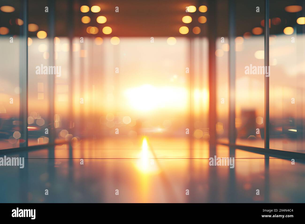 The office building is filled with warm amber light as the sun shines ...