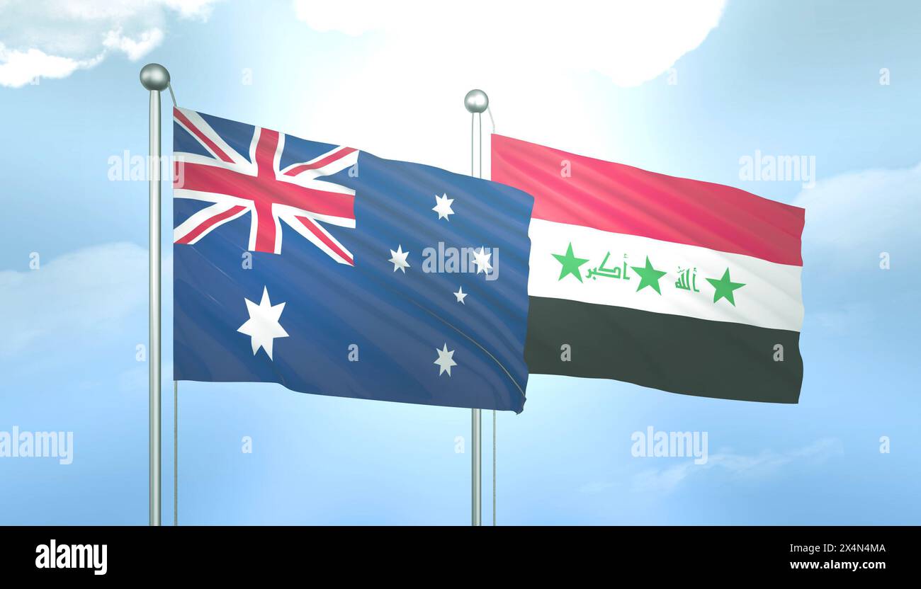 3D Flag of Australia and Iraq on Blue Sky with Sun Shine Stock Photo ...