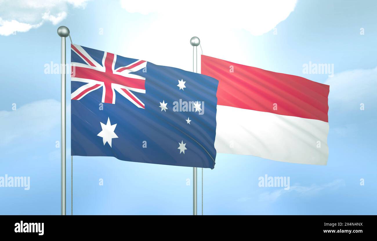 3D Flag of Australia and Monaco on Blue Sky with Sun Shine Stock Photo ...