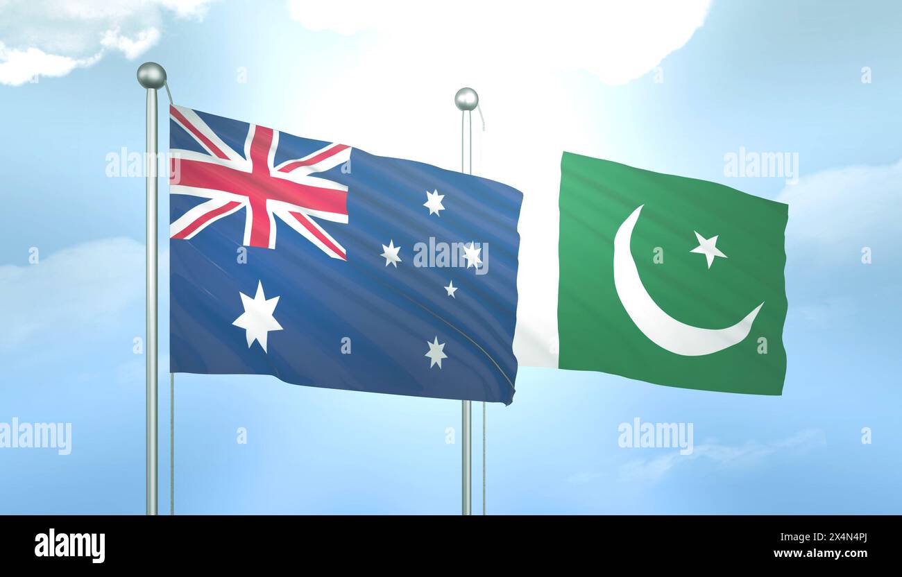 3D Flag of Australia and Pakistan on Blue Sky with Sun Shine Stock ...
