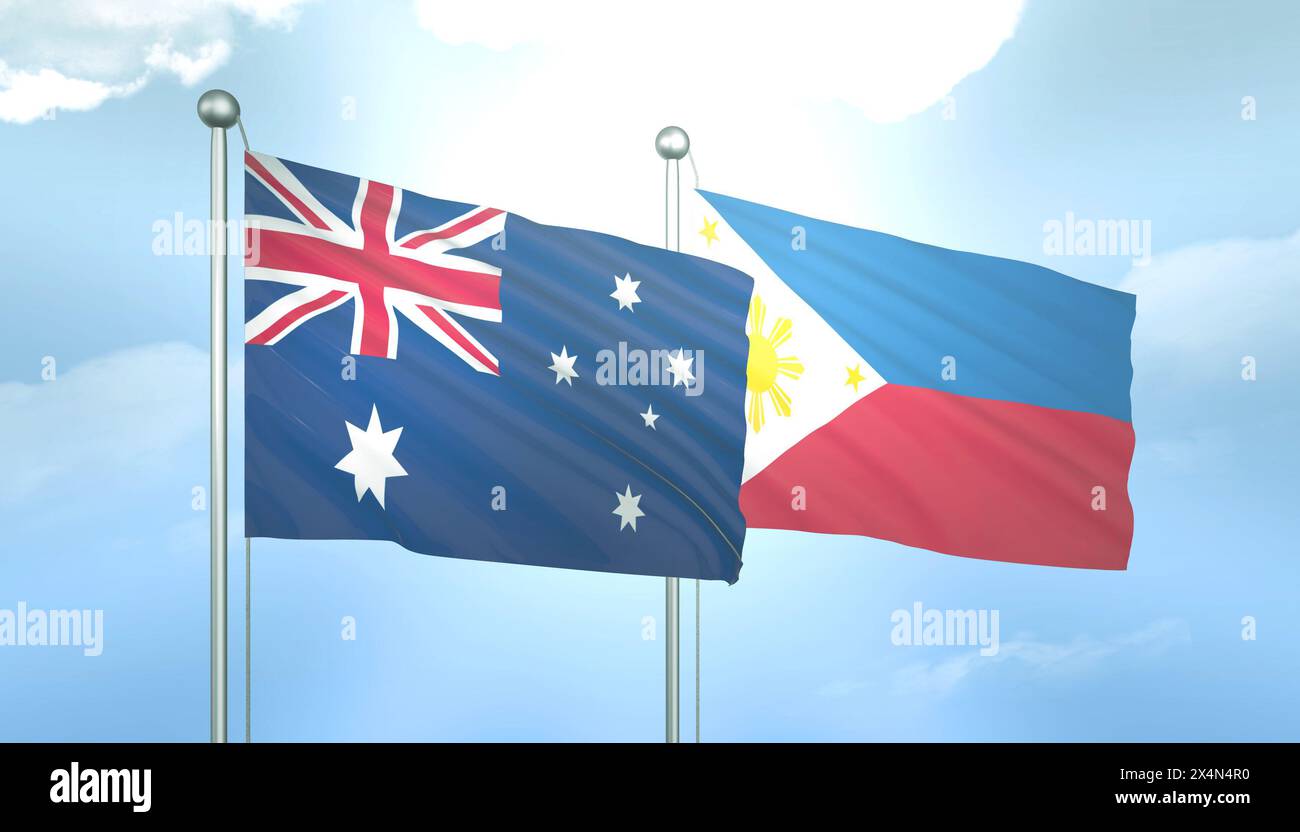 3D Flag of Australia and Philippines on Blue Sky with Sun Shine Stock ...