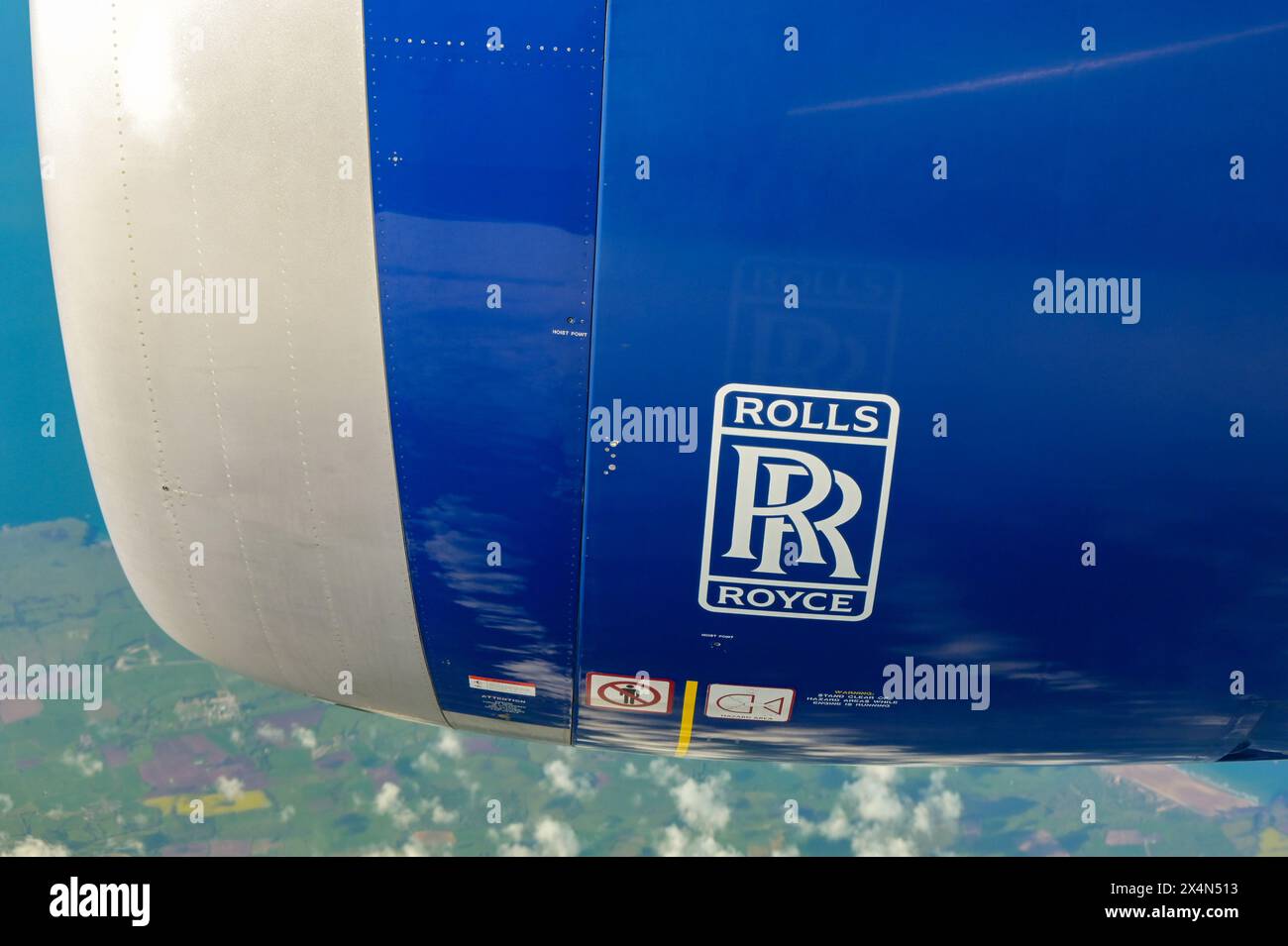 En route USA to London - 4 May 2024: Close up of the cowling of a Rolls ...