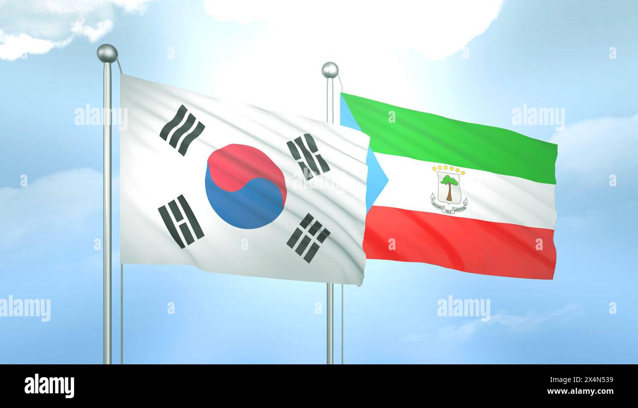 3D Flag of South Korea and Equatorial Guinea on Blue Sky with Sun Shine ...
