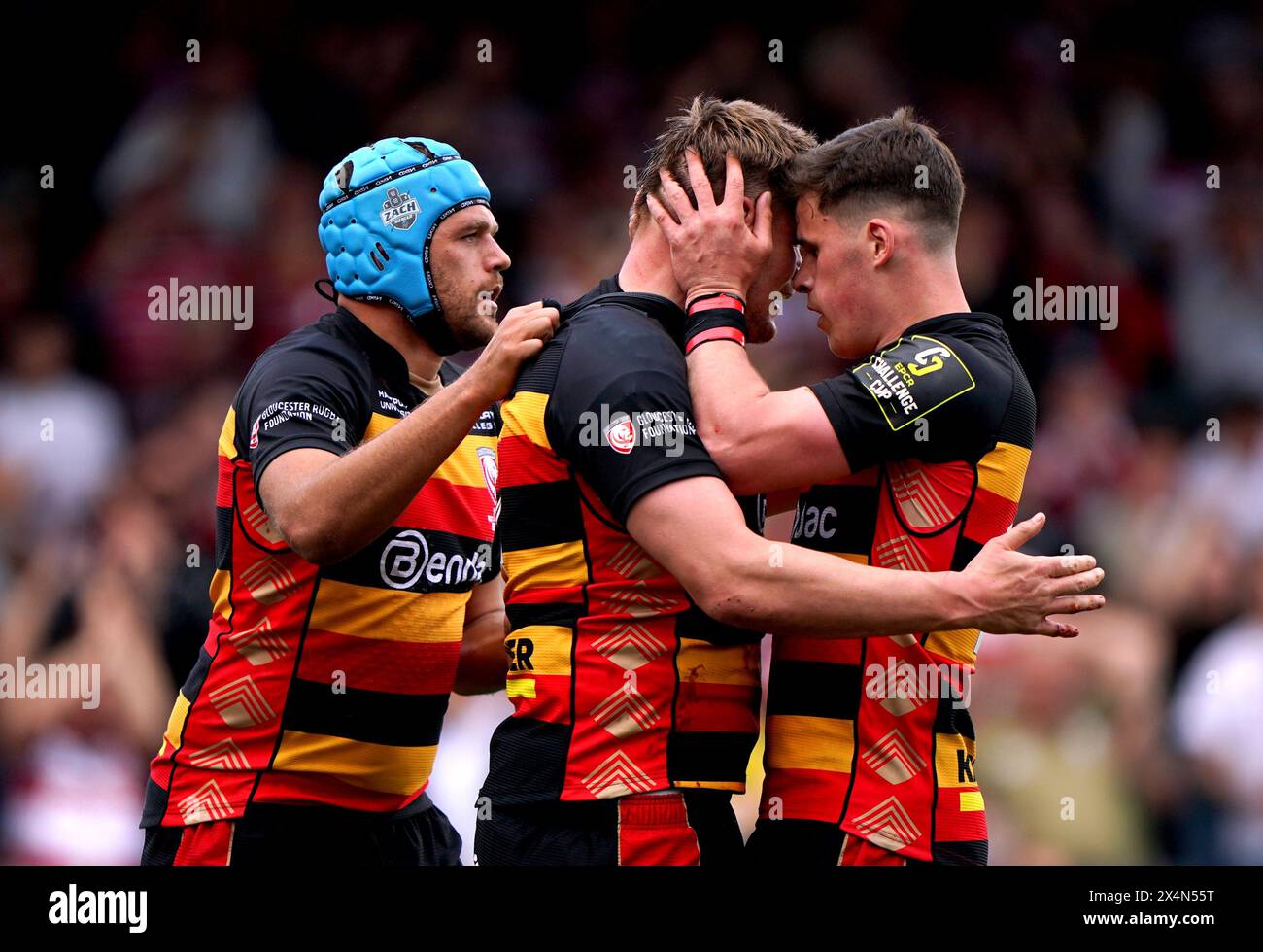 Gloucester Rugby's Freddie Clarke (centre) celebrates with team-mates ...